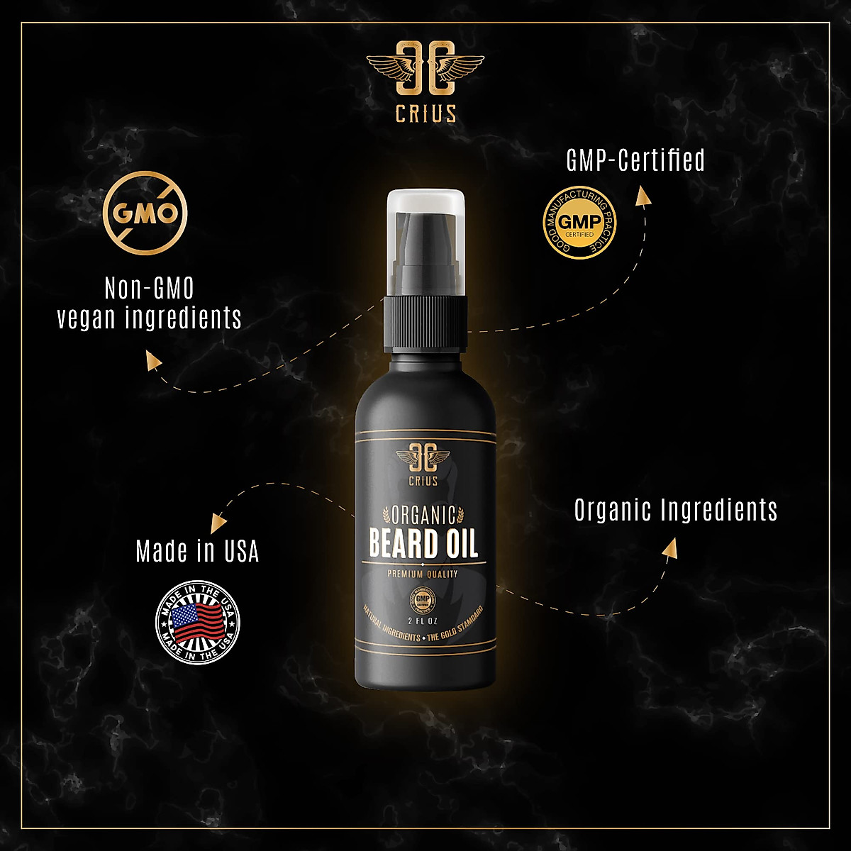 CRIUS COSMETICS Beard Oil For Men with Vitamin E, Almond, Argan, and Jojoba Oil, Enhanced Beard Growth, Soft Facial Hair, Beard and Mustache Moisturiser, Organic, GMP-Certified, Non-GMO, 2 Oz.