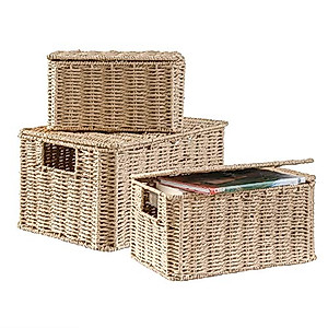 Motifeur Hand-woven Paper Rope Baskets With Lids, Multi-purpose Stackable Utility Organizers (Set of 3, Large 12.6"x9.8"x7.3", Medium 11.8"x7.9"x6.3", Small 9.8"x5.9"x5.5", Natural/Beige)
