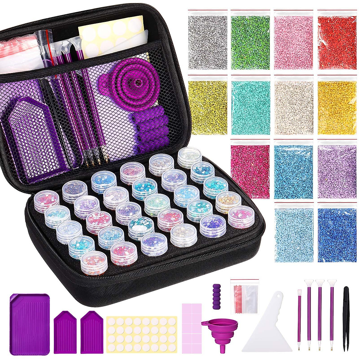 Bulyoou 61 Pcs Diamond Art Painting Storage Kit,Bead Storage Containers (30 Slots) and 60 Bags Diamond Beads with Diamond Art Accessories Tools Kit for DIY Craft Diamond Art Accessories