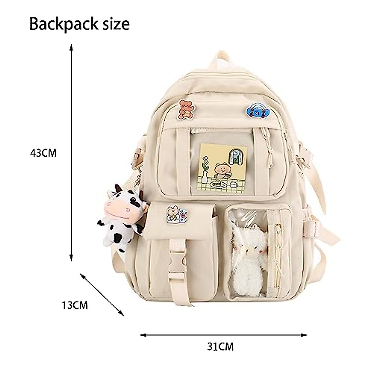 KUJIAPIN Casual School Backpack For Teen Girls Boys with Cute Pin Accessories Plush Pendant