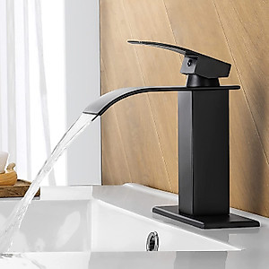 Qomolangma Waterfall Bathroom Faucet, Matte Black Modern Single Handle Bathroom Faucets for 1 or 3 Hole Bathroom Sink Faucet Mixer Tap Washbasin Faucet with Deck, Pop-up Drain and Supply Hoses
