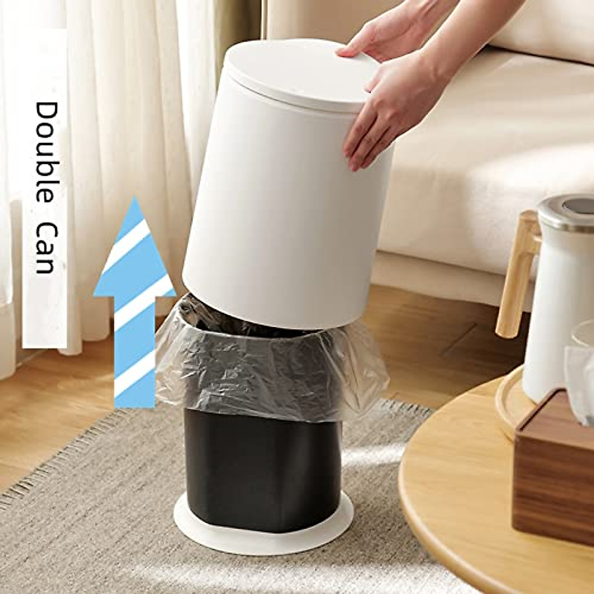 Spakoo White Trash Can Wastebasket, 2.2 Gallon/ 10L Round Sort Garbage Can Recycle Bin with Press Lid, Decorative Rubbish Container Bin for Kids Room, Bathroom, Powder Room, Kitchen