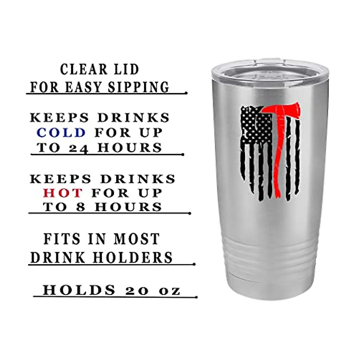 Rogue River Tactical Thin Red Line Tattered Axe Flag Firefighter 20 Oz. Travel Tumbler Mug Cup w/Lid Vacuum Insulated Fire Fighter Department FD Fireman Gift