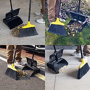 Indoor/Outdoor Heavy Duty Broom and Dustpan Set,Upright Plastic Commercial Dust Pan with 2 Brooms Perfect for Sweeping Courtyard Garage Lobby Kitchen Office Mall Market Shop Floor
