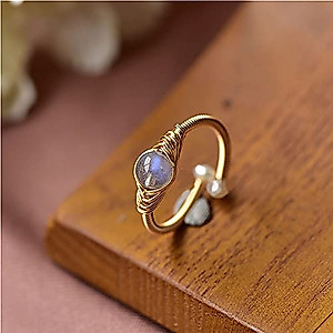 Retro Natural Crystal Stone Inlay Ring, Vintage Wire Wrap Real Carnelian Crystal Ring, Glittering Natural Moonstone Ring for Women Girls Vintage Victorian Style Healing Crystal 14K Gold Jewelry-moon