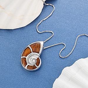 925 Sterling Silver Koa Wood Nautilus Shell Necklace Pendant with 18" Box Chain, Nickel Free Hypoallergenic for Sensitive Skin, Sea Ocean Hawaii Jewelry, Gift Box Included