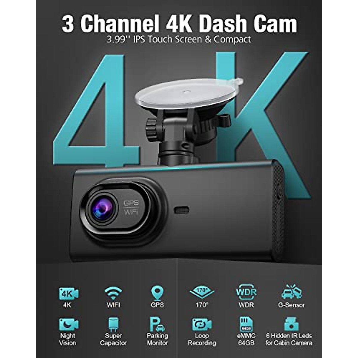 OMBAR 3 Channel Dash Cam, Built-in WiFi GPS, eMMC 64G Storage, 4K Front Dash Cam, 2K+1080P Car Camera Front and Cabin/Rear, 1080P+1080P+1080P Dashcams for Cars with 3.99" IPS Screen, IR Night Vision