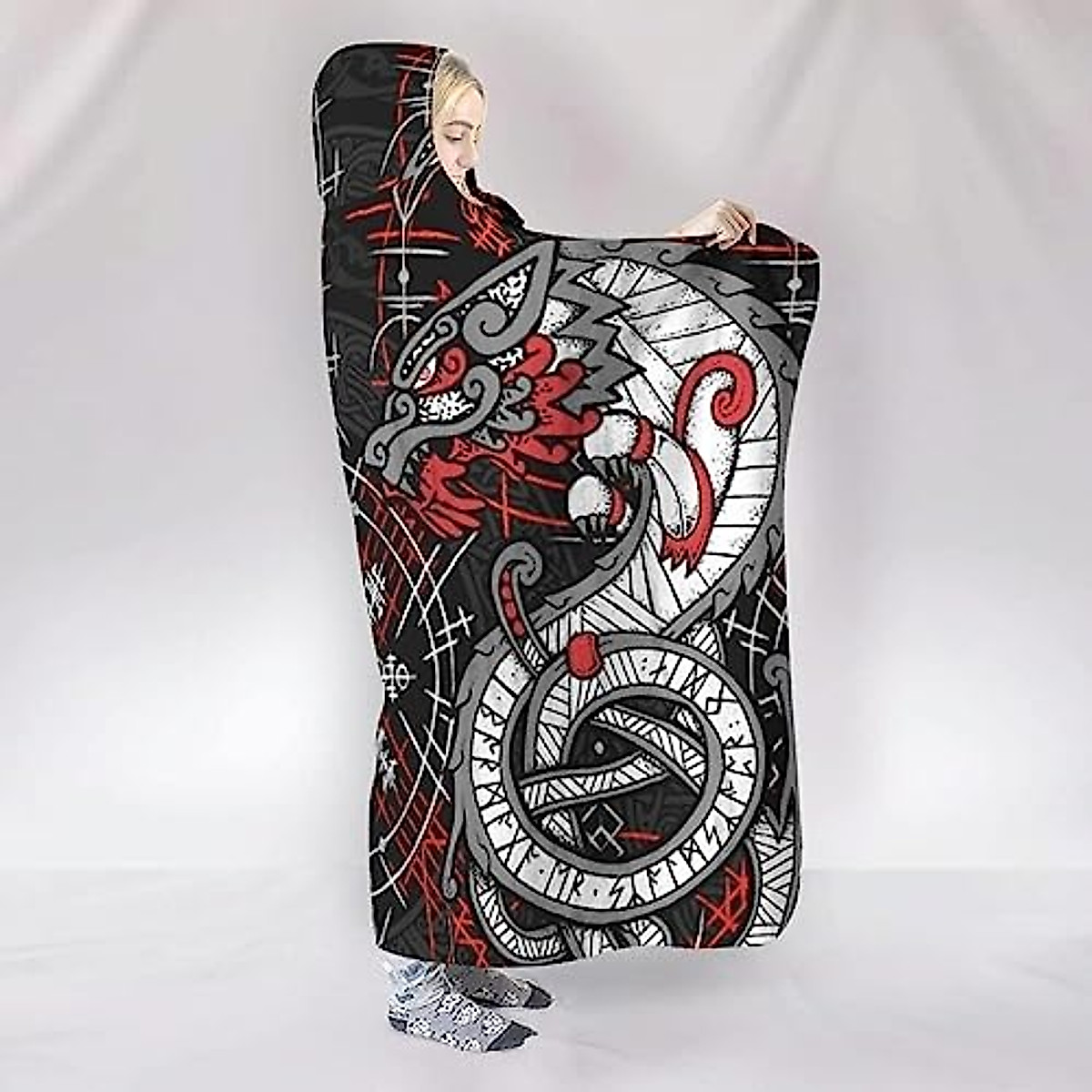 Viking 3D Printing Hooded Blanket Keeps Warm And Soft Vegvisir Viking Dragon Unisex Winter Wearable Hooded Blanket Double Layer Thick Plush Wool Blanket ( Color : Blanket , Size : 80x60in/150x200cm )