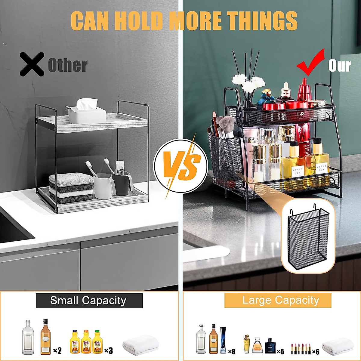 Bathroom Organizer with Basket, 2-Tier Bathroom Countertop Storage Shelf, Bathroom Counter Organizer, Skincare Organizer and Storage Kitchen Counter Organizers Spice Rack(Black)