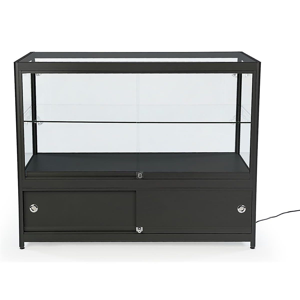 Displays2go 48 Inch Retail Showcase, w/Storage, LED Lights, Lockable Sliding Door - Black (SCTCT48LDB)