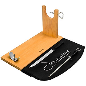 Professional Ham Stand with Ham Knife + Sharpening Steel + Ham Cover - Ham Holder Ideal for Serrano Ham, Iberico Ham and Italian Prosciutto - Jamonprive