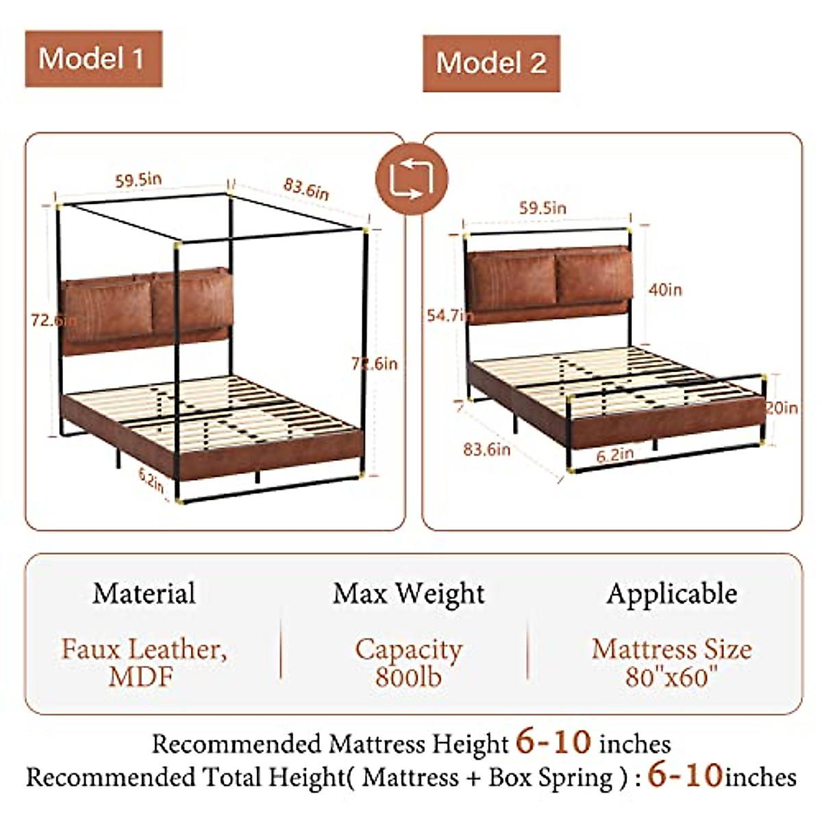 SAMTRA Queen Size Platform Bed Frame Upholstered Faux Leather Bed with Wooden Slat Support, No Box Spring Needed, Sturdy and Noise-Free, Brown