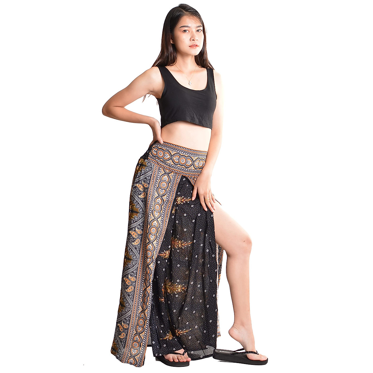 Orient Trail Womens Palazzo Wide Leg Slit Split Leg Yoga Wrap Pants Casual Beach Boho Hippie Bohimian Pilate Flowy Pilates Medium Peacock Black