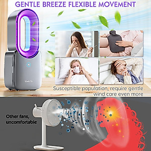 Misby Rechargeable Battery Operated Desk Fan, USB Bladeless Table Fan of 11.8 Inch with 5-color LED Light, Easy to Clean & Touch Control, Purple Desk Fans Small Quiet for Bedroom, Home, Office