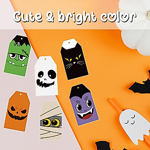 AWEELON 120Pcs Halloween Tags with String Pumpkin Cat Monster Ghost Face Paper Tags Holiday Hanging Labels for DIY Gift Wrapping Halloween Party Favor Decor, 6 Designs