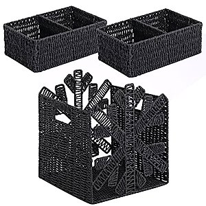Vagusicc Wicker Storage Baskets, Set of 3 Hand-Woven Paper Rope Wicker Baskets for Shelves Storage with Handles, Snowflake Cube Storage Bins, 10.5 Inch Storage Baskets for Pantry Organizing, Black