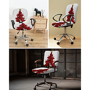 Xmas Tree Office Chair Cover Stretchable Computer Chair Seat Cover Backrest Slipcovers, Stretchable Rotating Desk Chair Seat Cushion Split Protectors Christmas Contemporary Red Deer Star Bird
