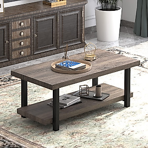 charaHOME Coffee Table Rustic Vintage Industrial Design Sturdy Metal Frame Legs Sofa Table Cocktail Table with Storage Bottom Open Shelf for Living Room, Easy Assembly, 42"x 22", Gray Brown