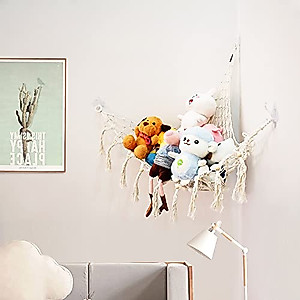Stuffed Animal Toy Hammock Corner Hammock Organizer Display Rack Bohemian Net Bag For Hanging Toys Hanging Stuffed Animal Organizer Corner Toy Storage Rack Stuffed Animal Net Tassel 44 In (Pink)