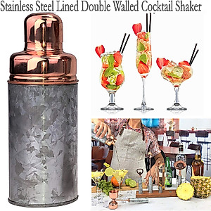 Galrose Dezigns Cocktail Shaker Set - 6 Bar Tools Bar Accessories Rustic Galvanized Iron Bar Set Rose Gold Trim - Mixology Bartender Kit with Stand. Unique Gift for 6th Iron Anniversary for Couple