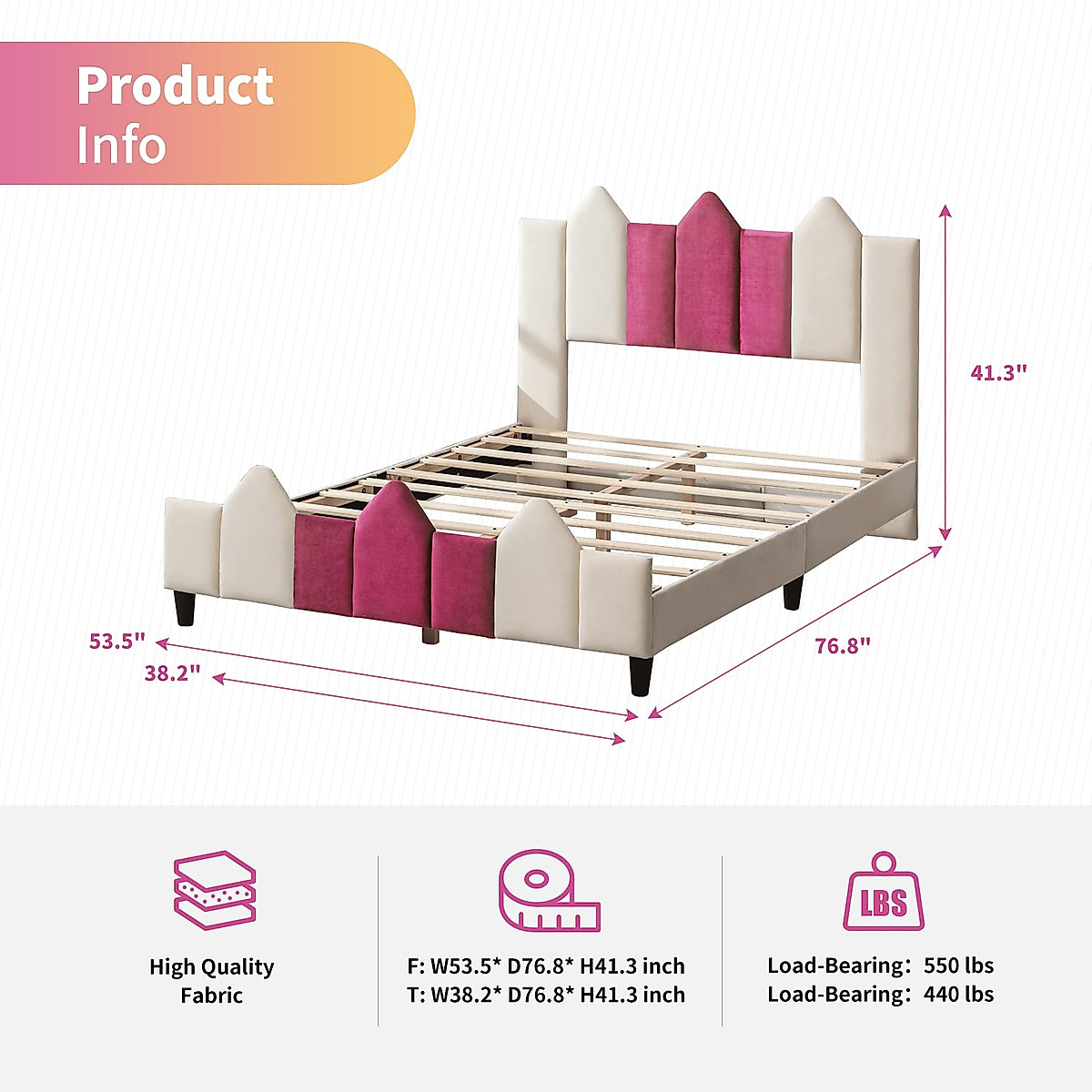 Mixoy Twin Size Kids Bed Frames,Upholstered Twin Platform Bed Frame for Children with Headboard,Toddler Bed for Girls, Teens,No Box Spring Needed, Easy Assembly(Pink/White,Twin)