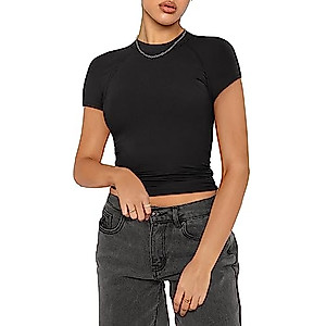REORIA Women's Summer Casual Basic Mock Neck Short Sleeve Double Lined Going Out Trendy Y2K T Shirts Crop Tops Black X-Large