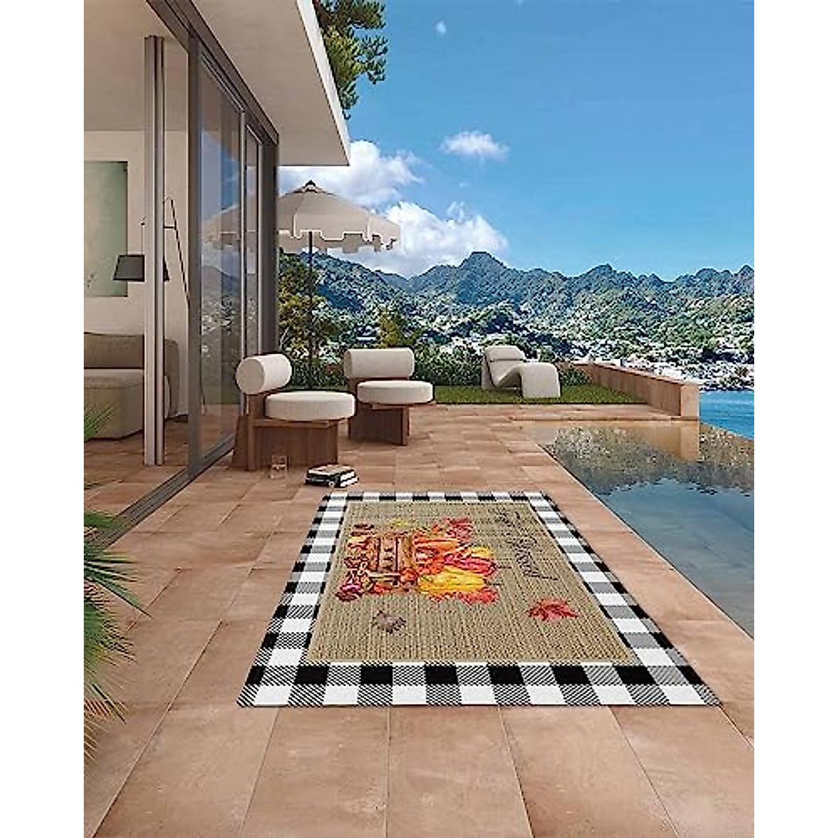 Outdoor Rug 4x6 Reversible Mats Non-Slip Area Rug Outdoor Carpet,Thanksgiving Pumpkin Autumn Leaves Mat for Patio Camping Rv Picnic Backyard Deck Balcony Porch Beach Trailer