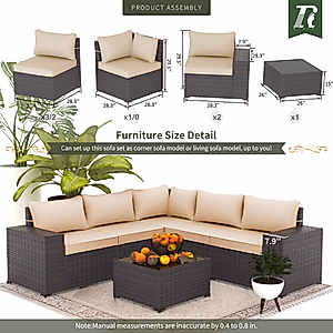 RTDTD Outdoor Patio Furniture Set, 6 Pieces Outdoor Furniture All Weather Patio Sectional Sofa PE Wicker Modular Conversation Sets with Coffee Table,5 Chairs & Seat Clips(Brown)