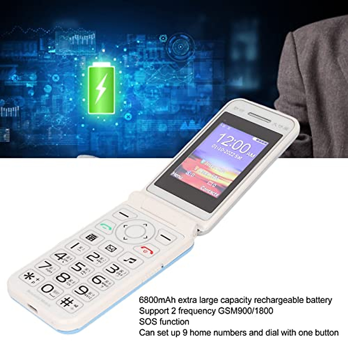 CCYLEZ N509 2G Flip Phone, 2.4 Inch Dual SIM Flip Cell Phone Loud Volume Speakers, Large Keys and Key LED Light with 6800mAh Battery for Older (Blue)