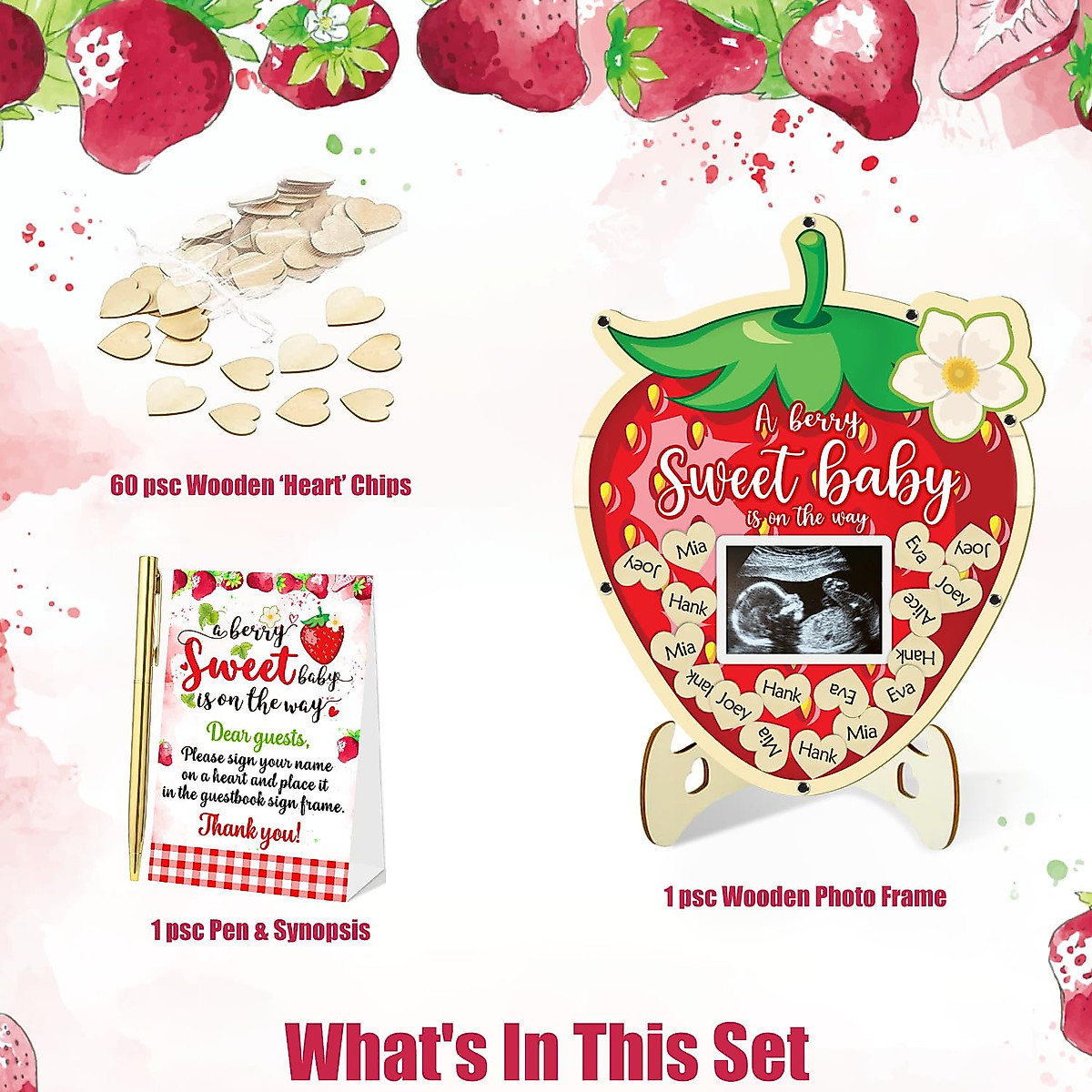 generic 65 Pcs Strawberry Baby Shower Decorations Guest Book, Baby Shower Guest Book Alternatives with Photo Frame, 60 Wood Slices Berry Sweet Baby Shower Decorations for Grils Baby Shower