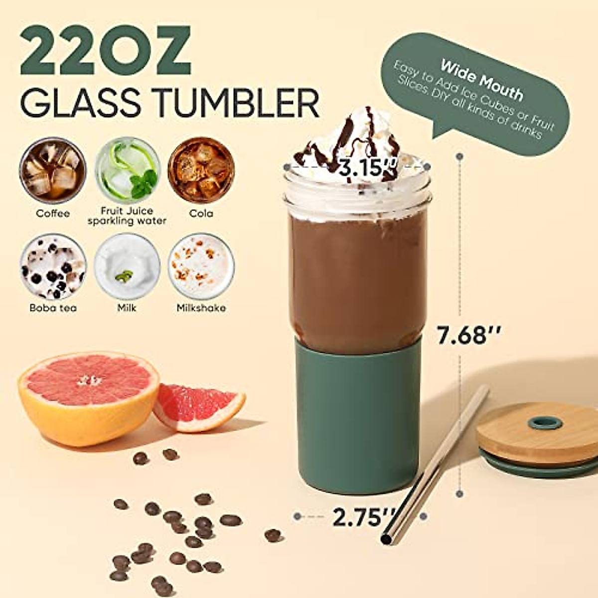 4 Pack Glass Cups with Lids and Straws, 22oz Mason Jar Glass Tumbler, Smoothie Cup with Silicone Sleeve, Reusable Boba Cup, Modern Cute Iced Coffee Cup, Drinking Glasses for Tea, Juice, Soda, Cocktail