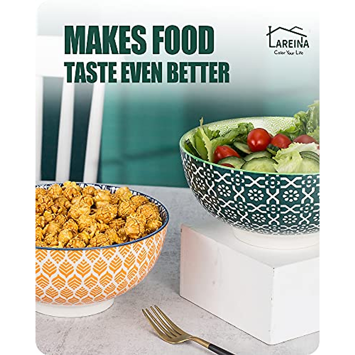 Salad Pho Soup Bowls Set for Eating, 55oz Lareina Extra Large Stackable Ramen Pasta Ceramic Serving Bowls, Big Round Microwavable Porcelain Bowls for Kitchen, Ideal Housewarming Gift