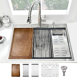 33-inch Drop in Kitchen Sink Workstation, BoomHoze 33x19 Topmount Drop-in Kitchen Sink 16 Gauge Stainless Steel Kitchen Sink Handmade Single Bowl Deep Kitchen Sink with Cutting Board