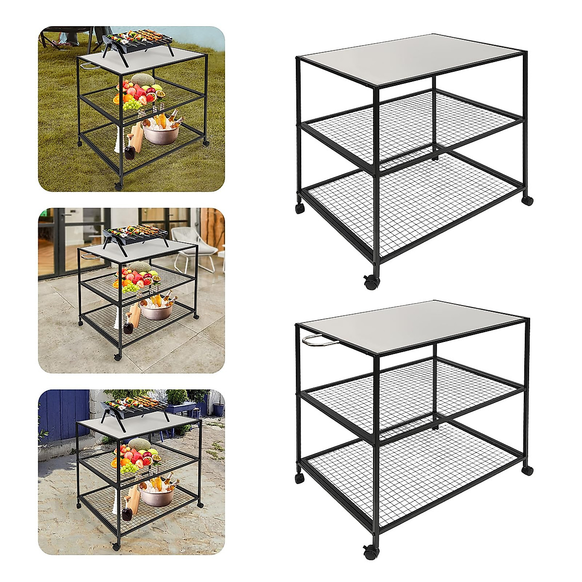 RIAHNEAH Outdoor Grill Cart with Wheels, Picnic Table with 3 layerStorage Shelves, Movable Dining Cart Worktable Trolley for BBQ, Portable Dining Cart Patio Bar Table