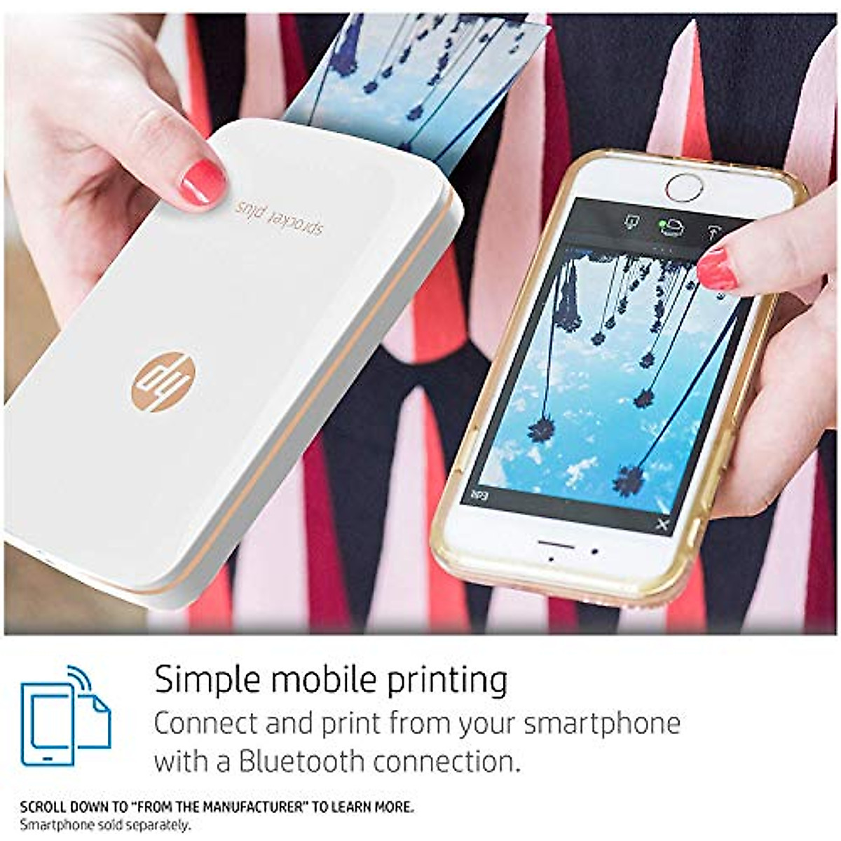 HP Sprocket Plus Instant Color Photo Printer, Print 30% Larger Photos on 2.3x3.4 Sticky-Backed Paper – White (2FR85A)