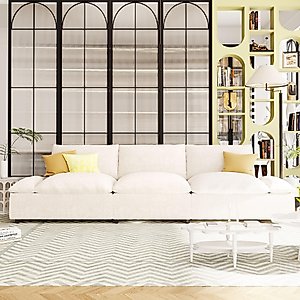 HOMIQUEEN 120'' 3 Seater Sofa with 2 Storage Units, Mid-Century Modern Upholstered Sofa Deep Seating, Solid Wood Leg Support for Living Room Bedroom Apartment Office (BEIGE)