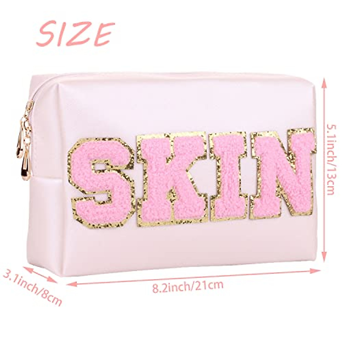 CRUOXIBB Preppy Patch Cosmetic Toiletry Bag for Women SKIN Letters PU Leather Portable Makeup Bag Zipper Pouch Storage Purse Waterproof Organizer for Travel (Shell Gold)