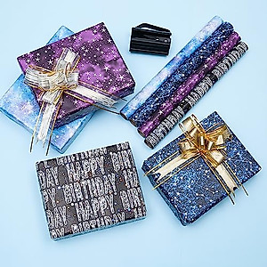 THMORT Galaxy Birthday Wrapping Paper Roll with a Cutter Kit for Boys&Girls,Adults,Kids.17 Inch X 120 Inch Gift Wrapping Paper Galaxy Happy Birthday lettering 4 Rolls.
