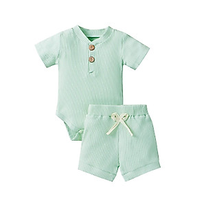 Meiweileya Newborn Baby Boy Girls Clothes Solid Ribbed Short Sleeve Romper Shorts Set Summer Outfits (Light Green, 0-3 Months)
