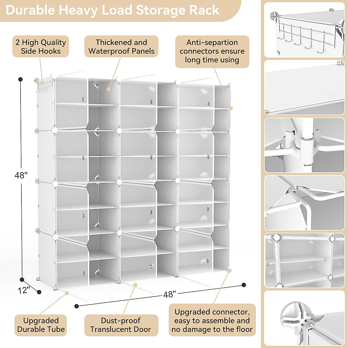 WEXCISE Portable Shoe Rack Organizer with Door, 48 Pairs Storage Cabinet Easy Assembly, Plastic Adjustable Stackable Detachable Free Standing DIY Expandable 8 Tier White, (NNF-XJ-012)