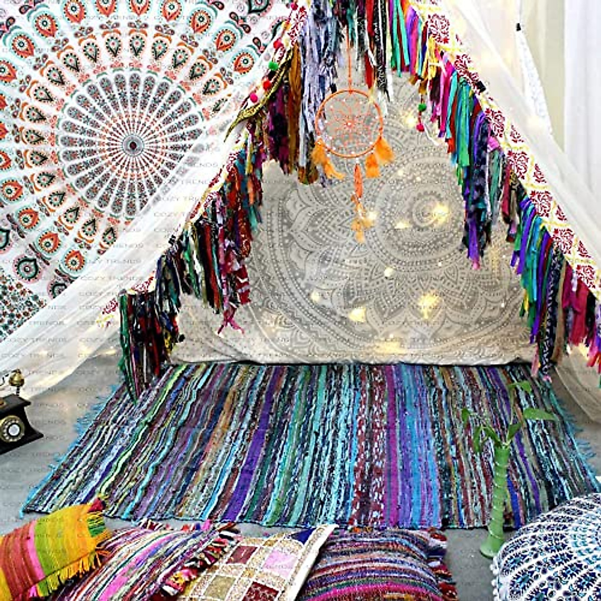 Cotton Rag Rug 24''x36''- 2x3'- Multicolor Chindi Rug - Hand Woven Washable & Reversible for Living Room Kitchen Entryway Bedroom Rug Rag with Tassel (Aqua)