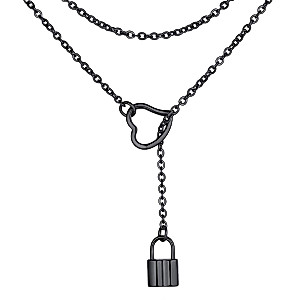 FOCALOOK Black Long Necklaces for Women Y Shaped Lariat Chain Drop Lock Pendant Necklace