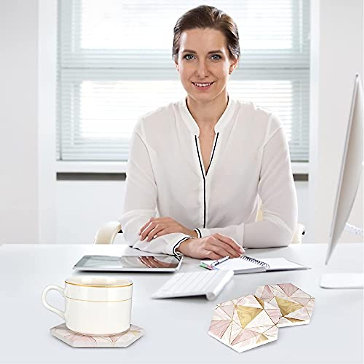 6 Pcs Pink Marble Coasters with Holder Gold Absorbent Drink Coasters Hexagon Cute Ceramic Table Coaster Set Decorative Bar Coasters Modern Coffee Cup Coasters