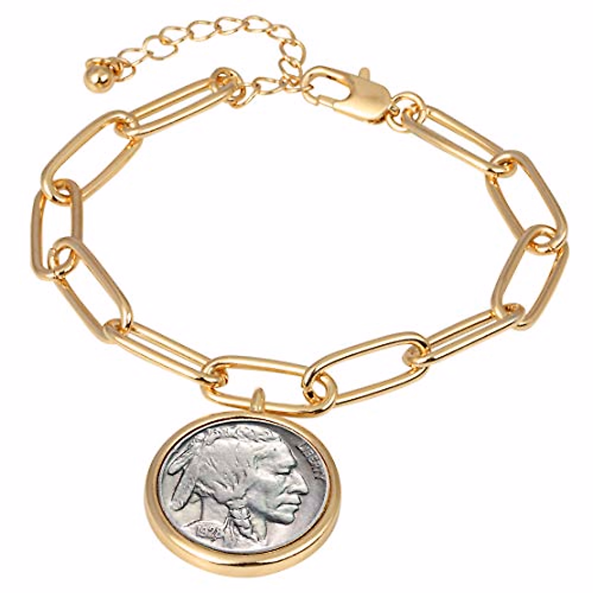 Buffalo Nickel Coin Elongated Link Bracelet | Goldtone Clip Style | 7 Inch 3 Inch Extender with Lobster Claw Clasp | Certificate of Authenticity