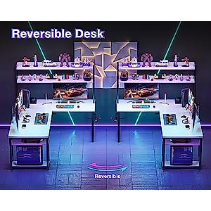 ODK L Shaped Gaming Desk with Hutch, Computer Desk with Storage Shelves, 59" L Shaped Desk for Home Office, Corner Desk with Headphone Hook, White