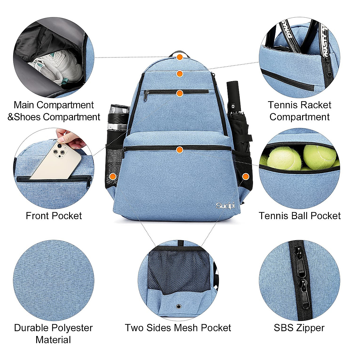Sucipi Tennis Bag Professional Tennis Backpack for Men and Women Racket Bags with Ventilated Shoe Compartment, Holds 2 Tennis Rackets, Pickleball Paddles