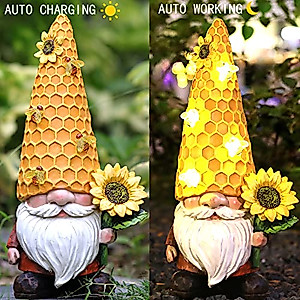 REYISO 12.3 inch Gnomes Garden Statue, Resin Sunflower Statues Gnome Figurine Solar Outdoor Decorations Art Sculpture for Patio Yard Lawn Garden Decor Lawn Ornaments Gnomes Gifts