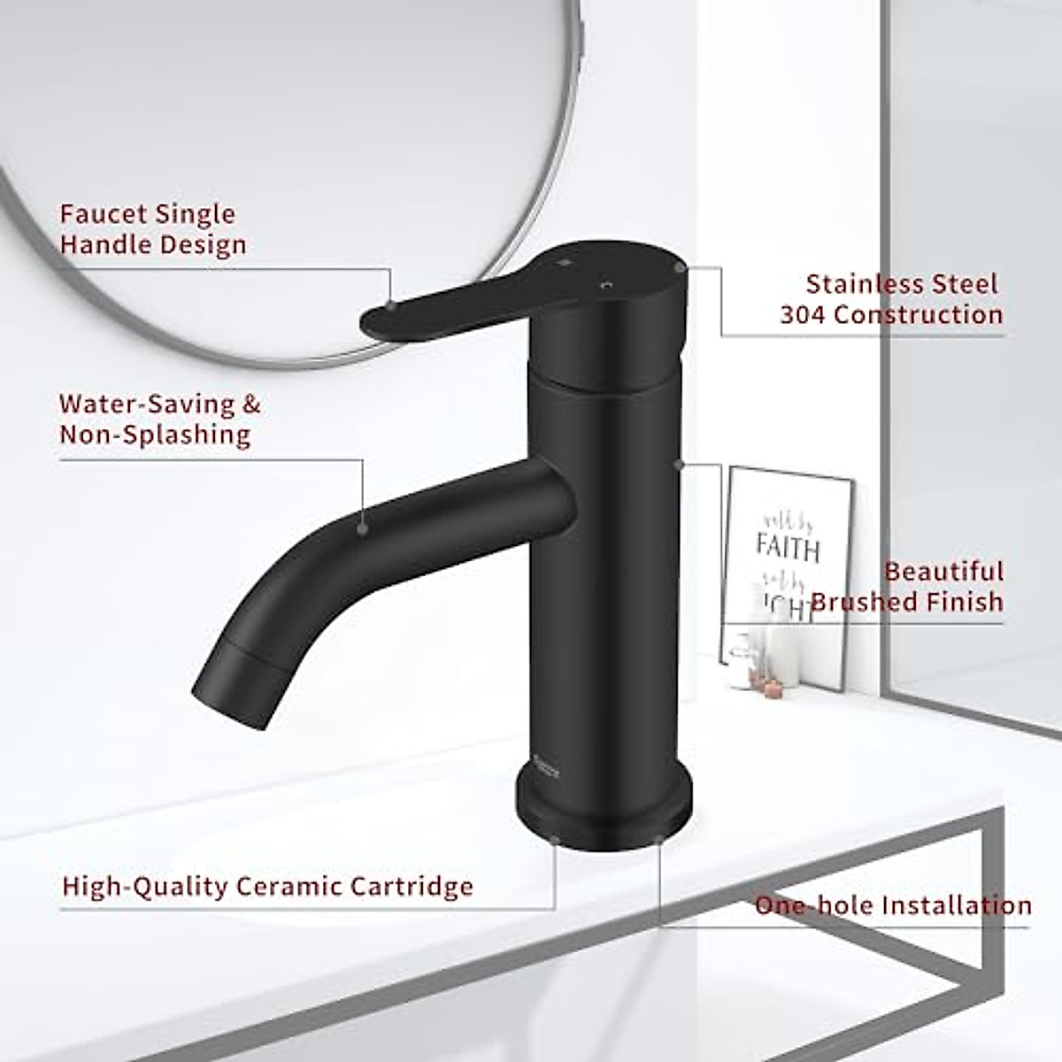 AMAZING FORCE Matte Black Bathroom Faucet Single Handle Bathroom Sink Faucet Single Hole with Pop Up Drain Assembly Matte Black Faucet for Bathroom Sink