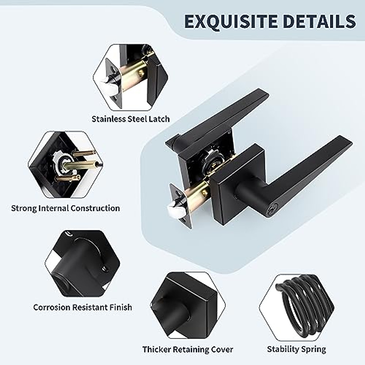 LOQRON Heavy Duty Entrance Door Lever Keyed Entry Door Handle with Lock and Keys Reversible for Matte Black Handle for Bedroom, Office or Front Door