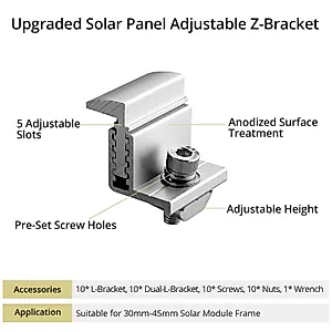 Anbte 10PCS Solar Panel End Clamp 30-45mm Adjustable, Aluminum Z Brackets for Solar Panels Include 10 Screws M8, Solar Panel Mounting Bracket for Solar Panel PV Mounting System, Silver